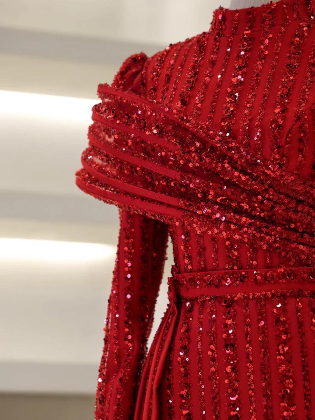 Sequin Long Sleeve Modest Evening Dress With Draped Shoulder | Luxury ...