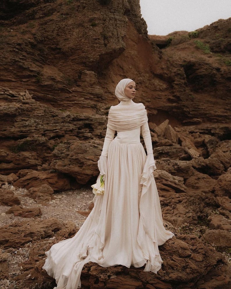 Boho Muslim Wedding Dress With Draped Shawl - Modest Outdoor Nikah Gown ...