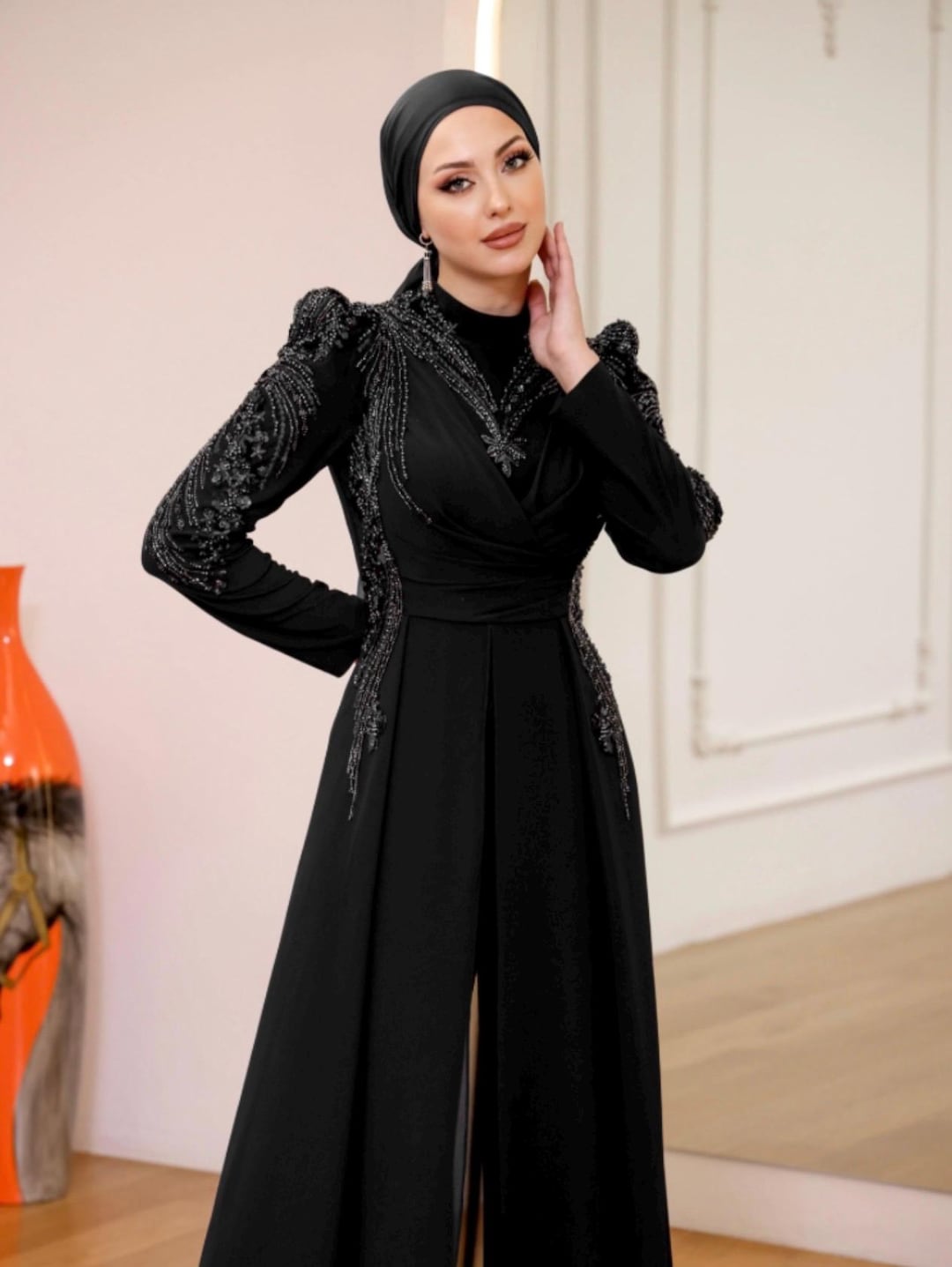 Handmade Beaded Sequin Satin Hijab Jumpsuit - Dubai Style Evening Dress ...