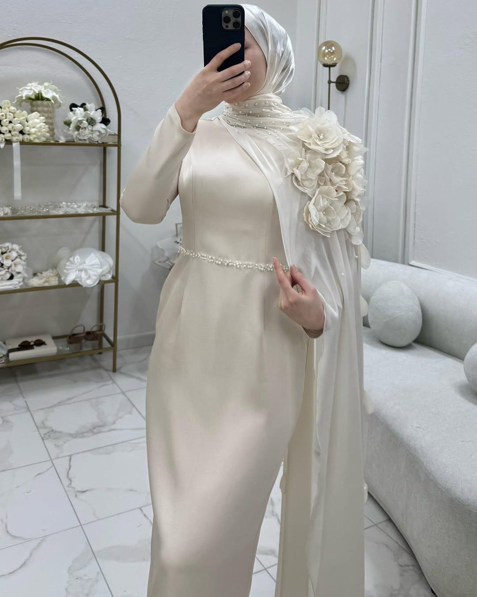 Modest Boho Muslim Wedding Dress With Draped Shawl, Long Sleeve Nikah ...