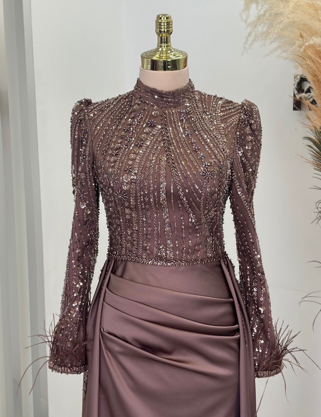 Dusty Rose Modest Evening Dress - Elegant Long Sleeve Muslim Gown for ...