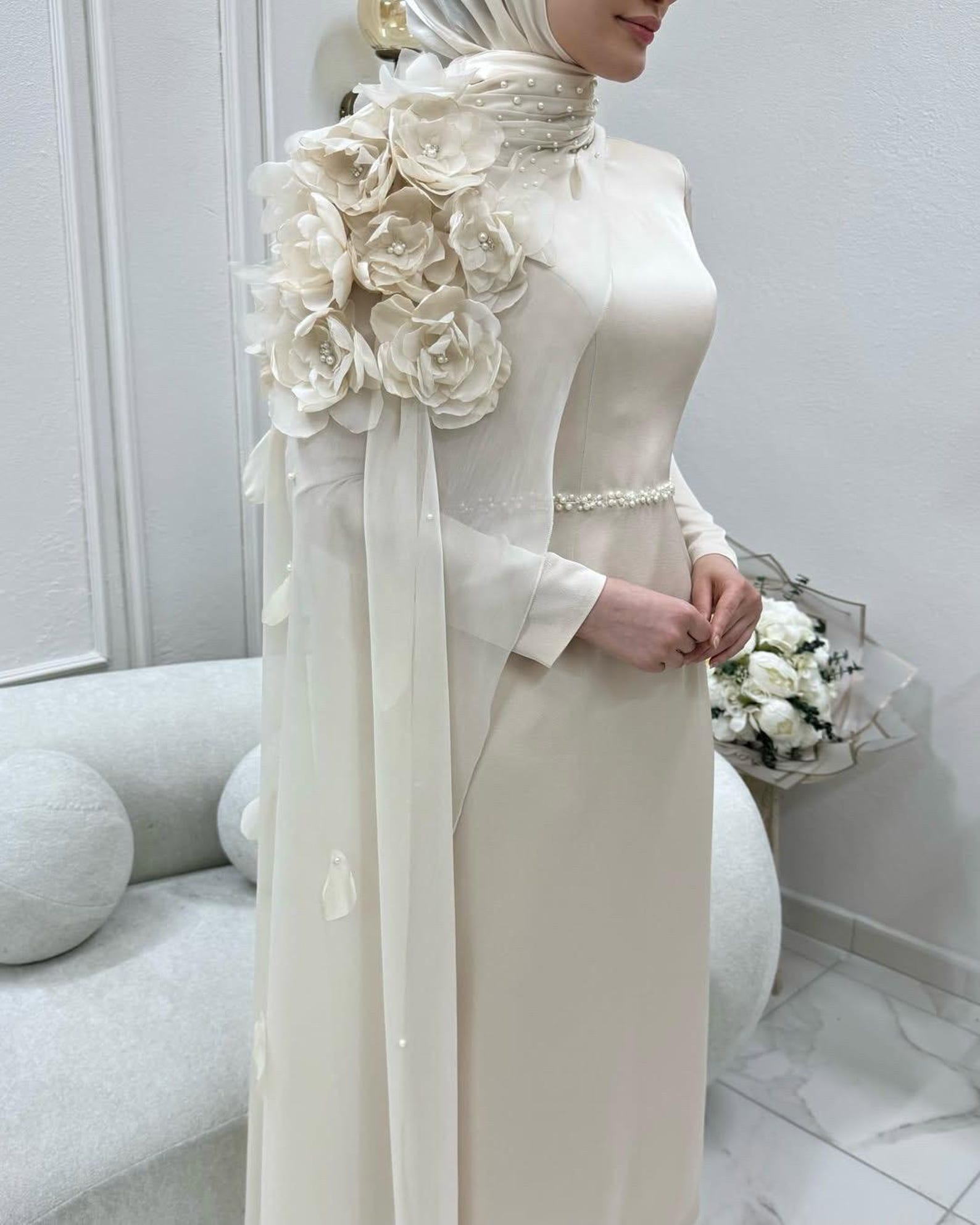 Modest Boho Muslim Wedding Dress With Draped Shawl, Long Sleeve Nikah ...