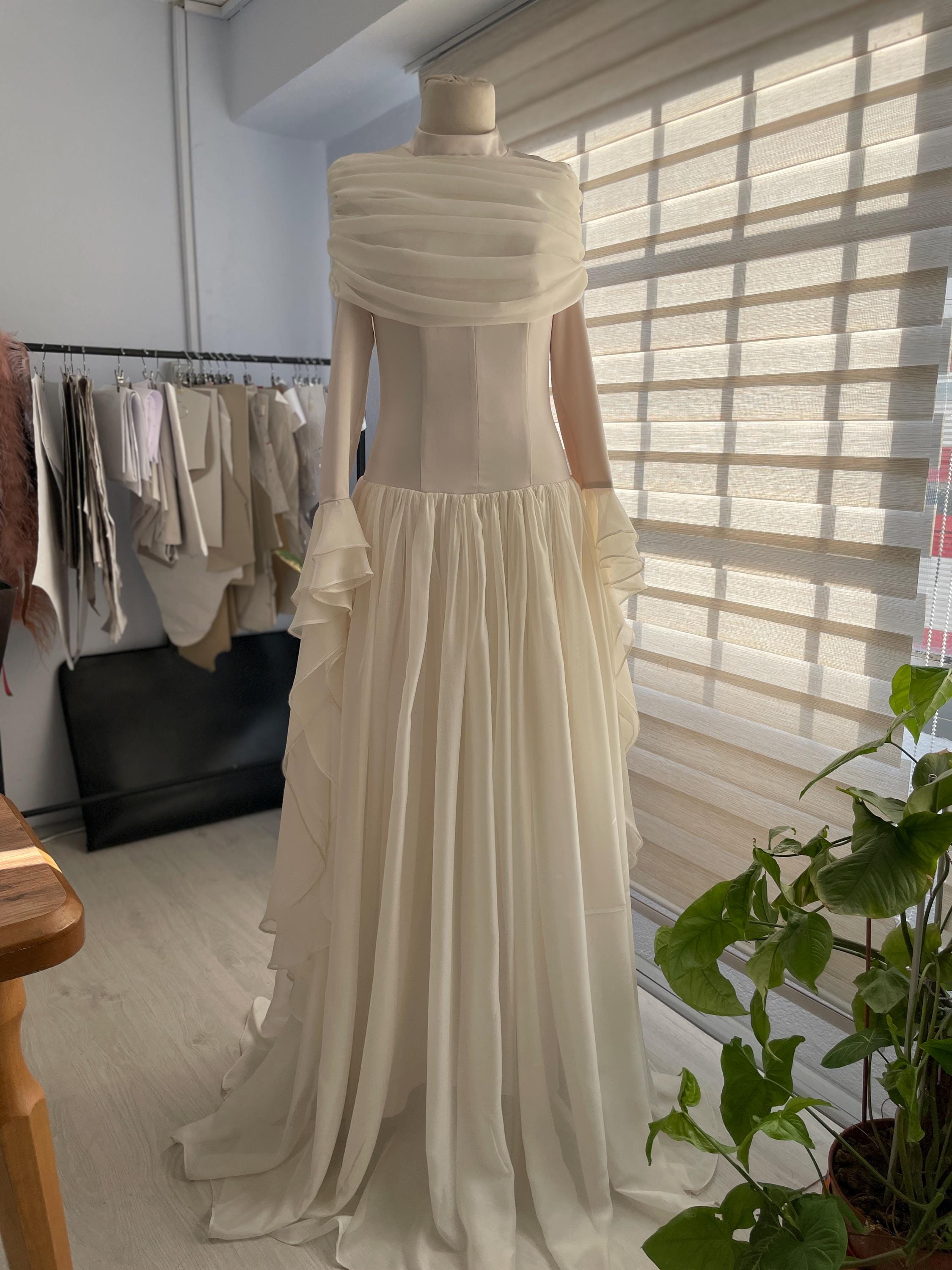 Boho Muslim Wedding Dress With Draped Shawl - Modest Outdoor Nikah Gown ...