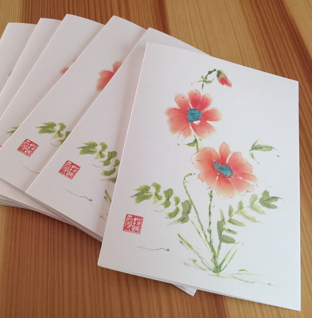 Chinese Brush Watercolor Poppy Note Cards | Boxed Blank Floral Note ...