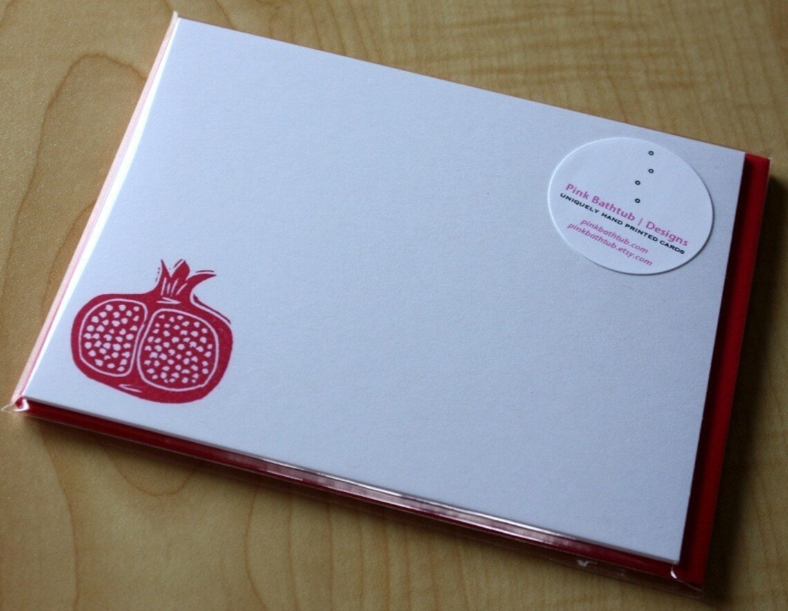 Red Pomegranate Flat Note Stationery - Hand Printed Fruit Note Cards ...