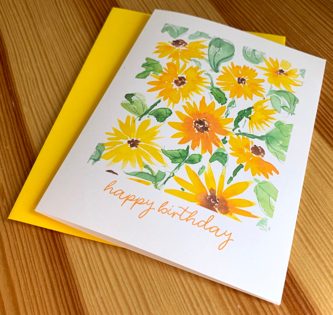 Sunflowers Watercolor Happy Birthday Card Watercolor Flower - Etsy