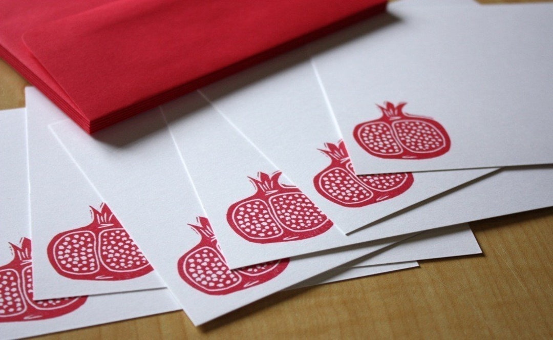 Hand Printed Red Pomegranate Flat Note Stationery Fruit Note Cards Set ...