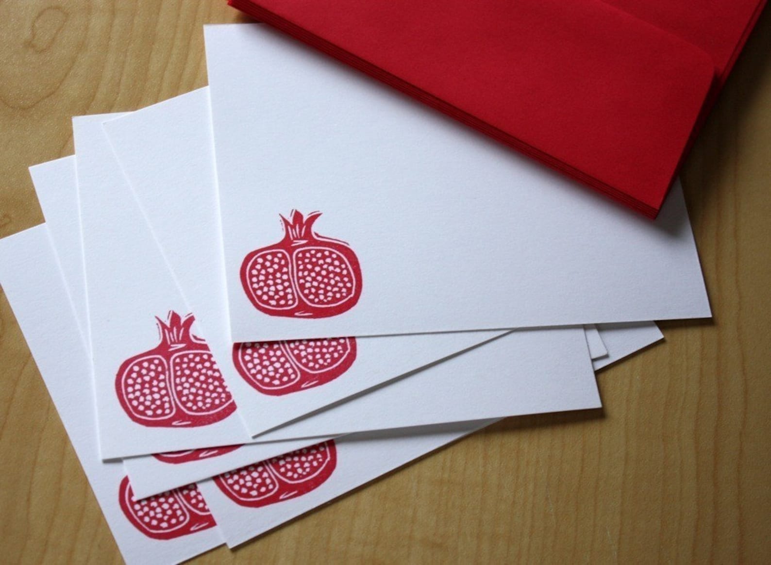 Red Pomegranate Flat Note Stationery - Hand Printed Fruit Note Cards ...