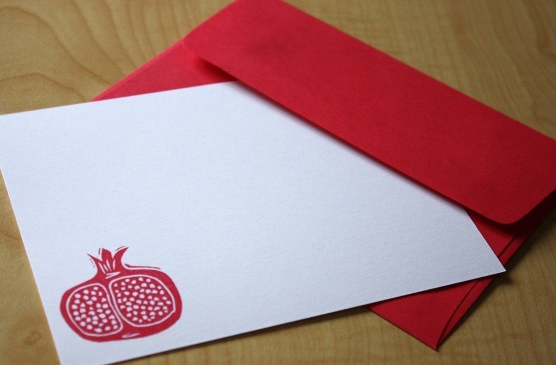 Red Pomegranate Flat Note Stationery - Hand Printed Fruit Note Cards ...