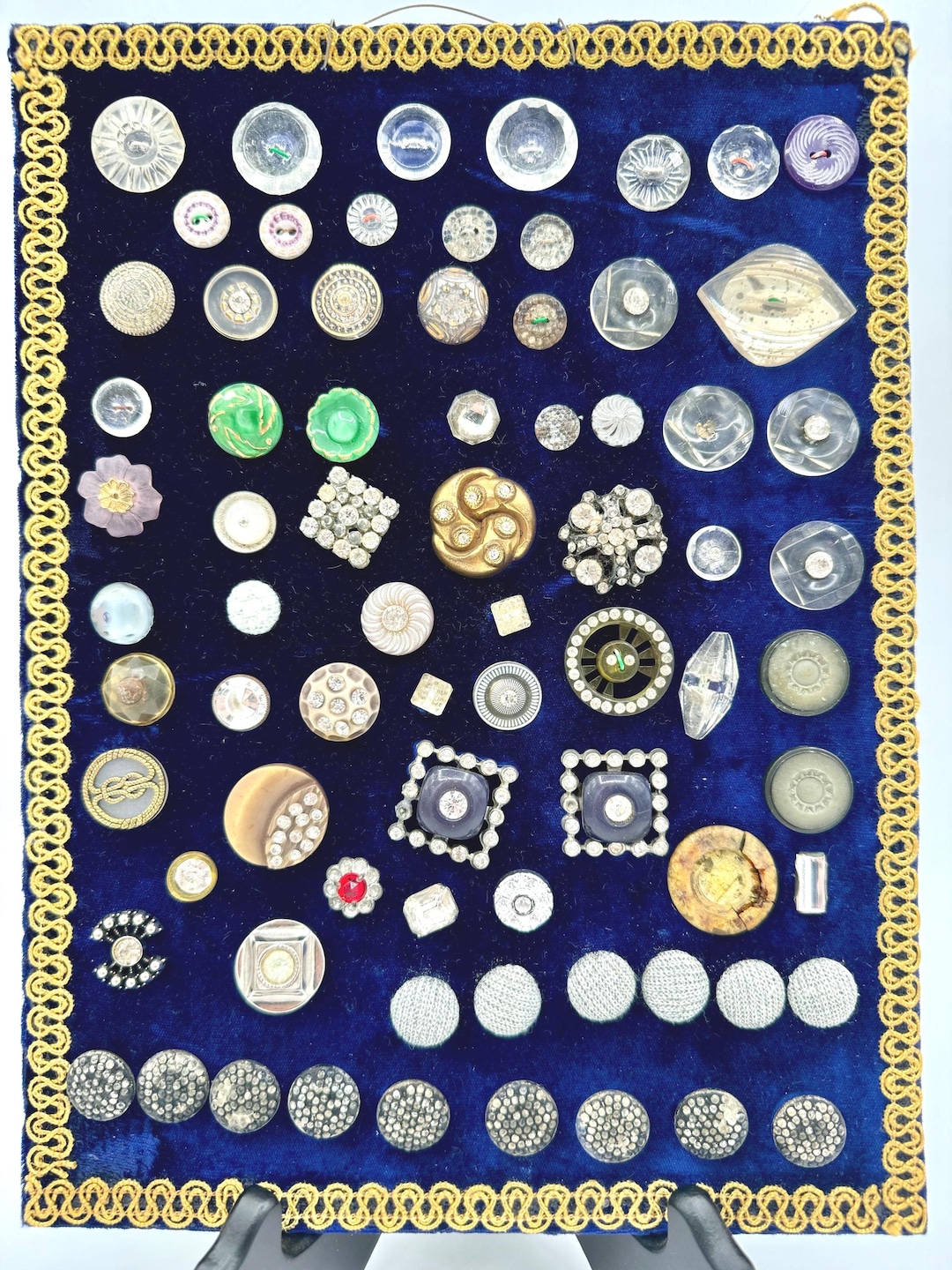 Handmade Button Collage Art on Blue Velvet With Gold Lace - Etsy