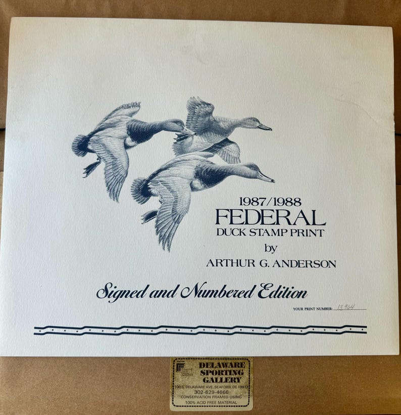 1987-1988 Federal Duck Stamp Print- Redhead Ducks- Arthur G. Anderson ...