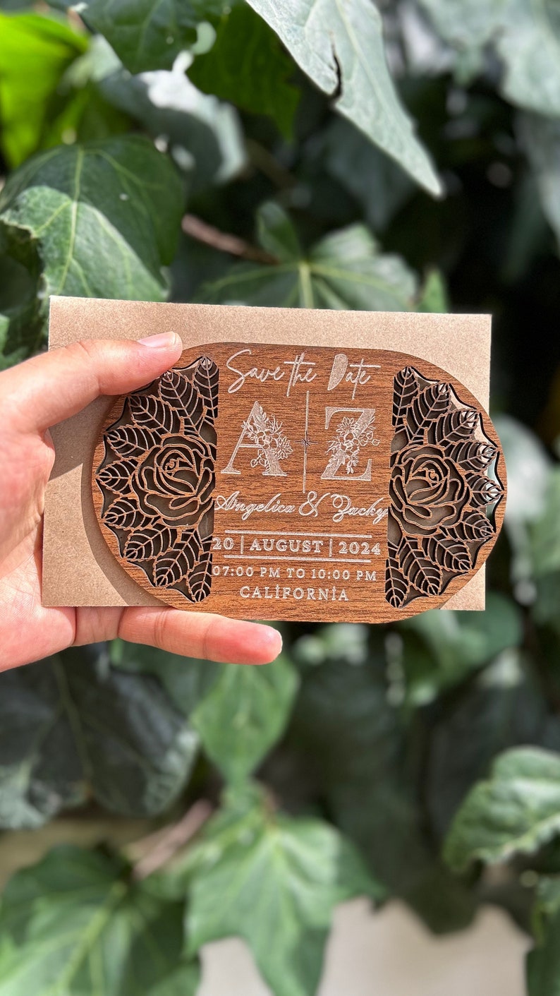Personalized Walnut Wood Wedding Invitation: Floral Arch, Save the Date ...