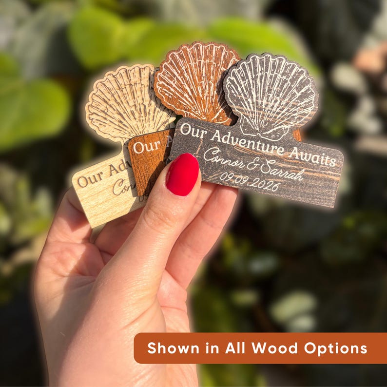 Seashell Save the Date Magnet: Beach Wedding Favor, Engraved Wood - Etsy