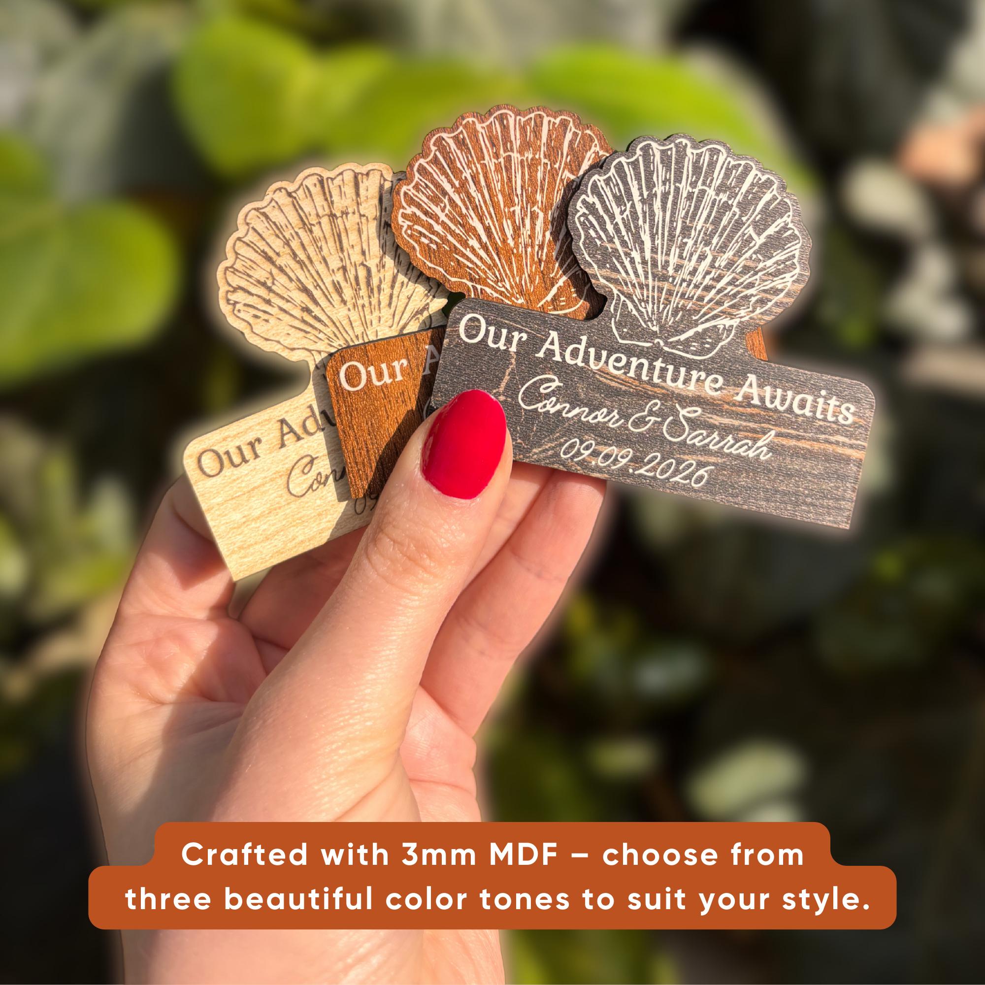 Seashell Save the Date Magnet: Beach Wedding Favor, Engraved Wood - Etsy