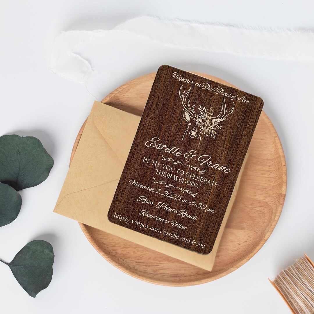 Rustic Deer Wedding Invitations: Engraved Wooden Floral Cards - Etsy