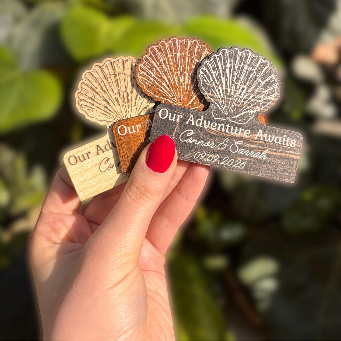 Seashell Save the Date Magnet: Beach Wedding Favor, Engraved Wood - Etsy