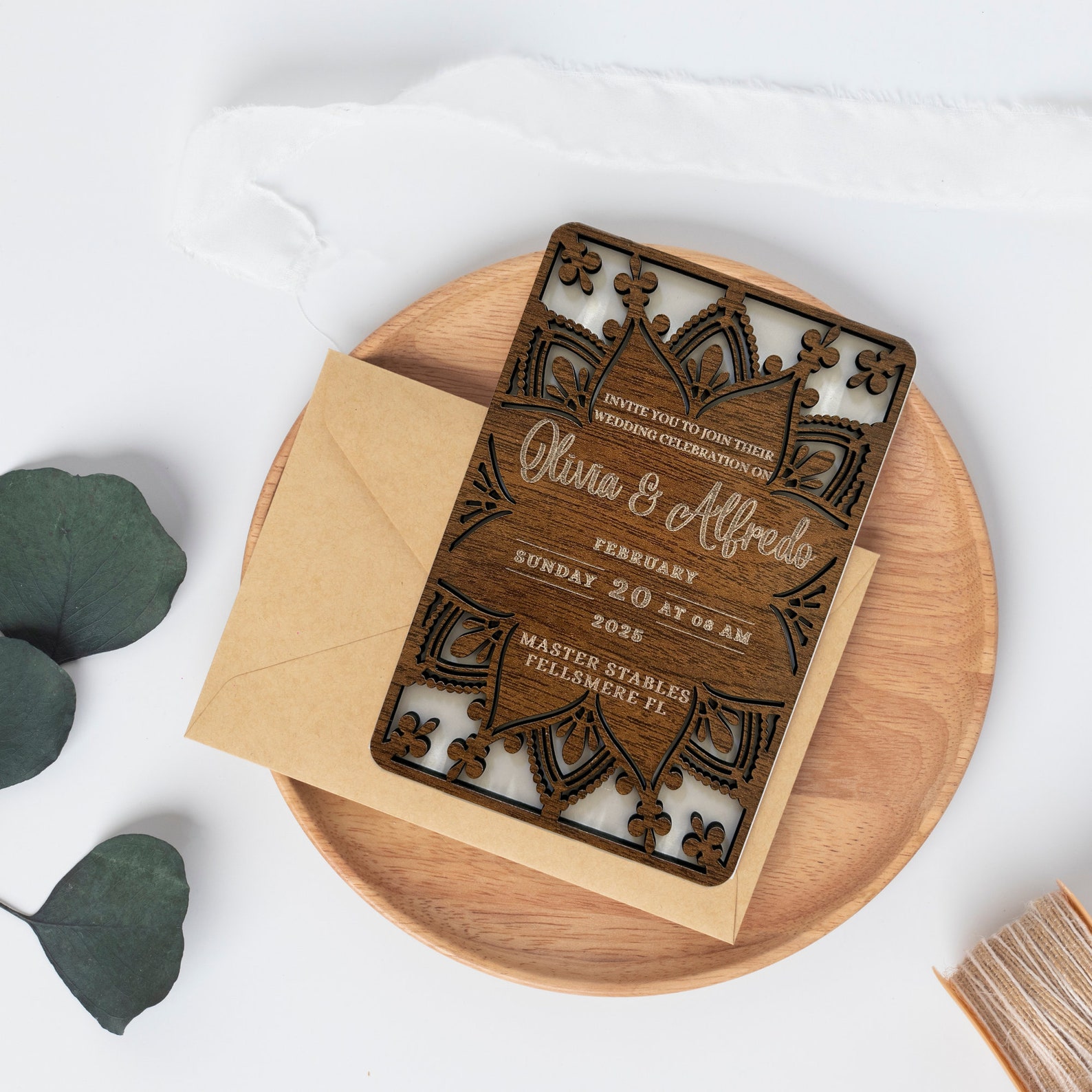 Elegant Wooden Wedding Invitation Rustic Laser Cut Save the Date Boho ...