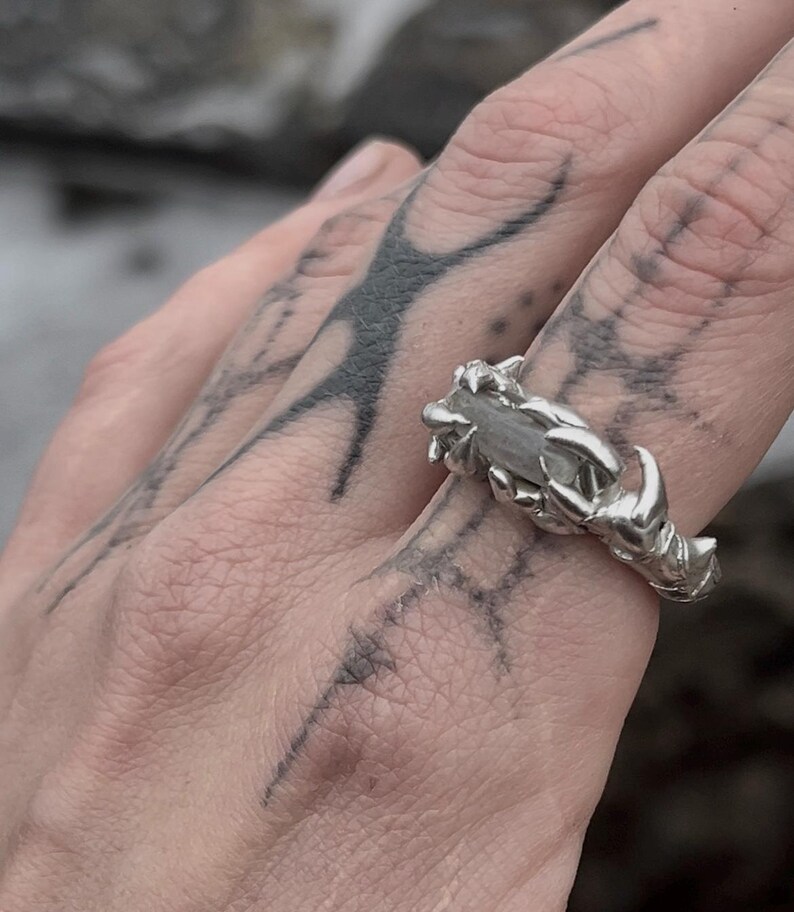 Raw Spiky Liquid Metal Gothic Ring With Gray Moonstone, Handmade Dark ...