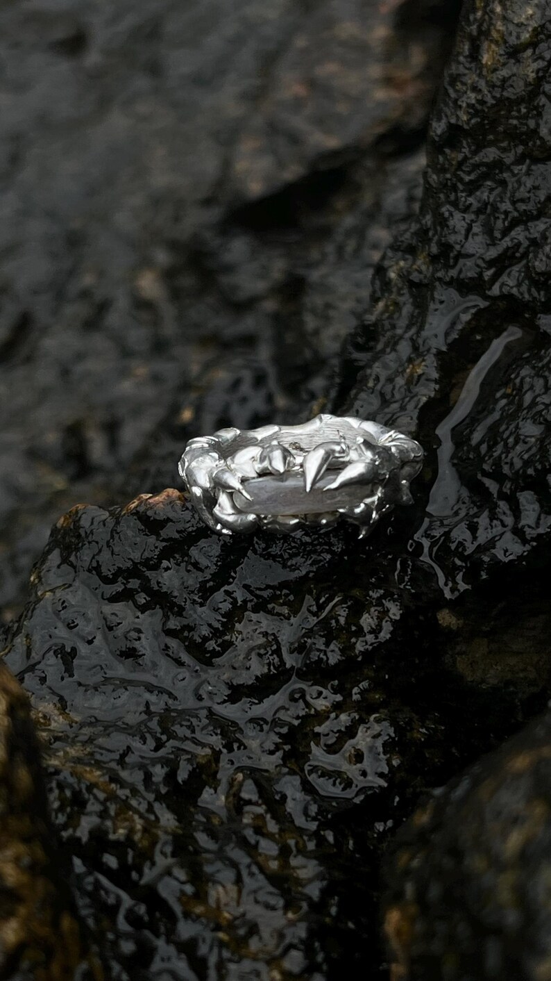 Raw Spiky Liquid Metal Gothic Ring With Gray Moonstone, Handmade Dark ...