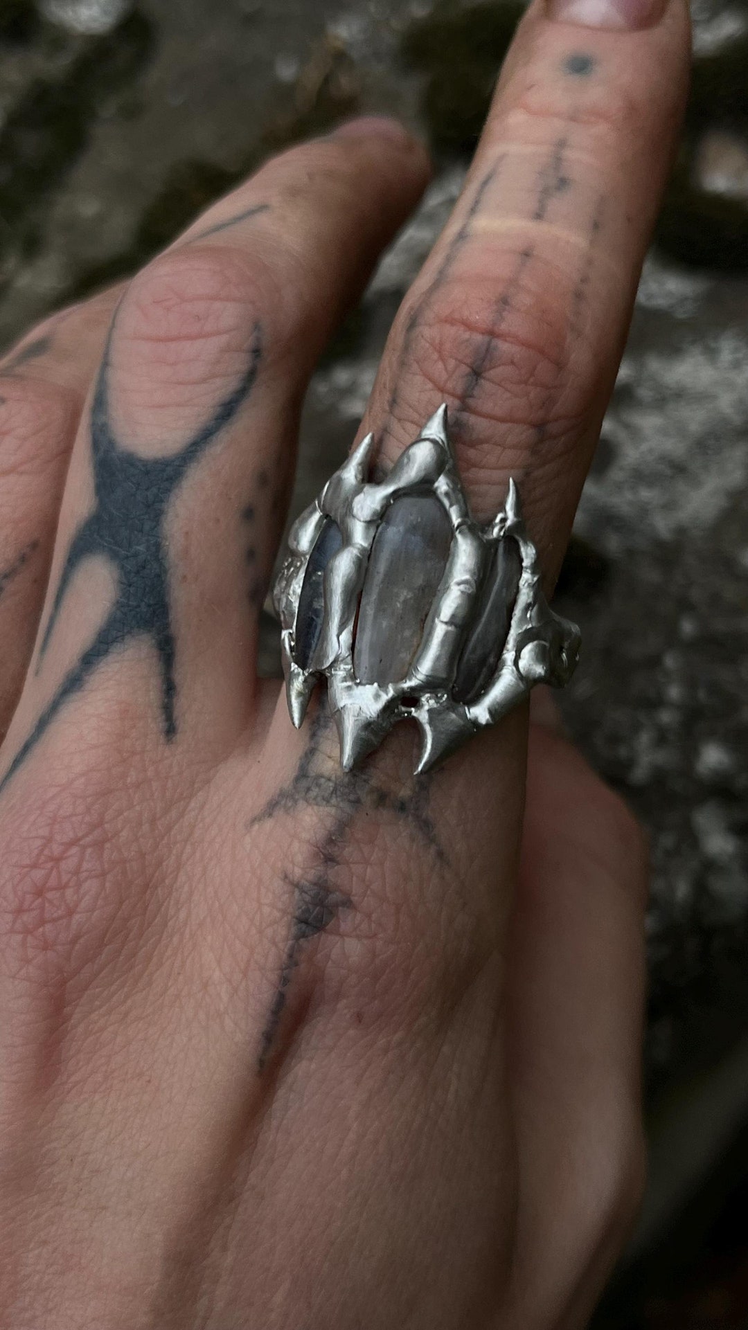 Raw Liquid Metal Gothic Ring With Gray Moonstone, Handmade Dark ...