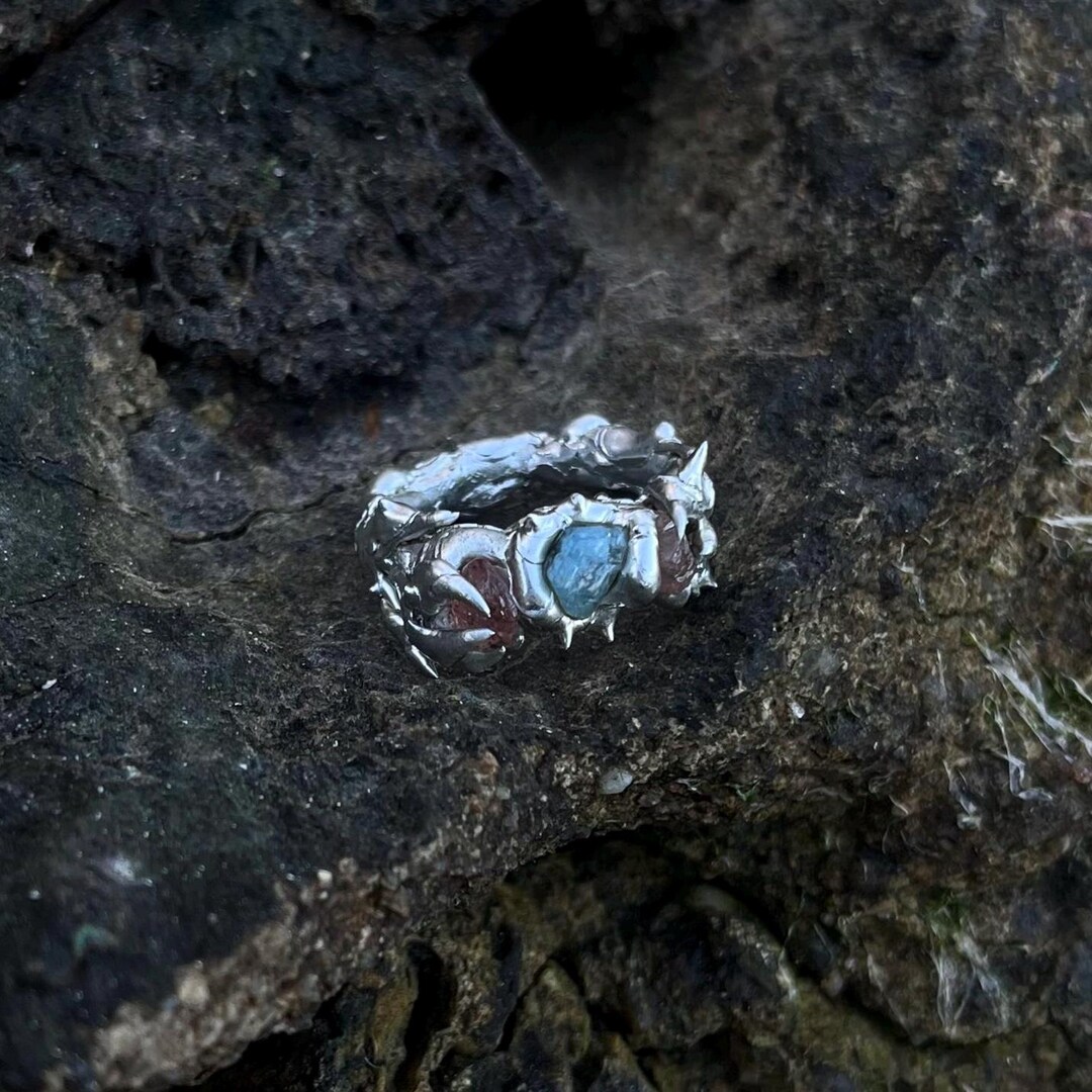 Spiky Liquid Metal Ring With Three Raw Stones of Blue Aquamarine and ...