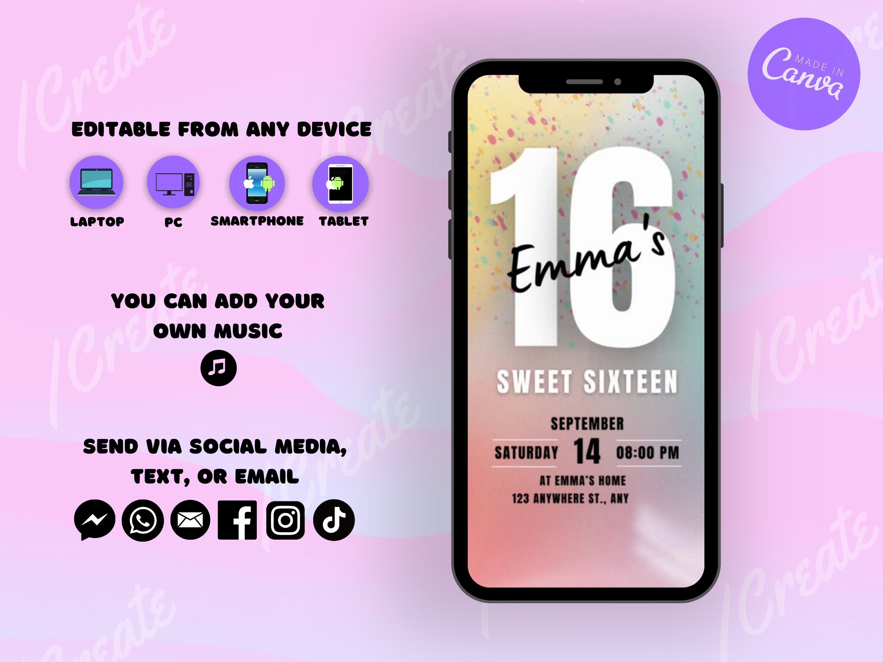 Editable Sweet 16 Digital Invitation Template, Customizable Birthday ...