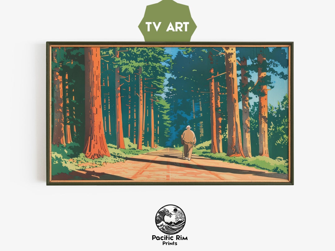 Redwood Forest Woodblock Print Old Man Walking, Vintage Wall Art Decor ...