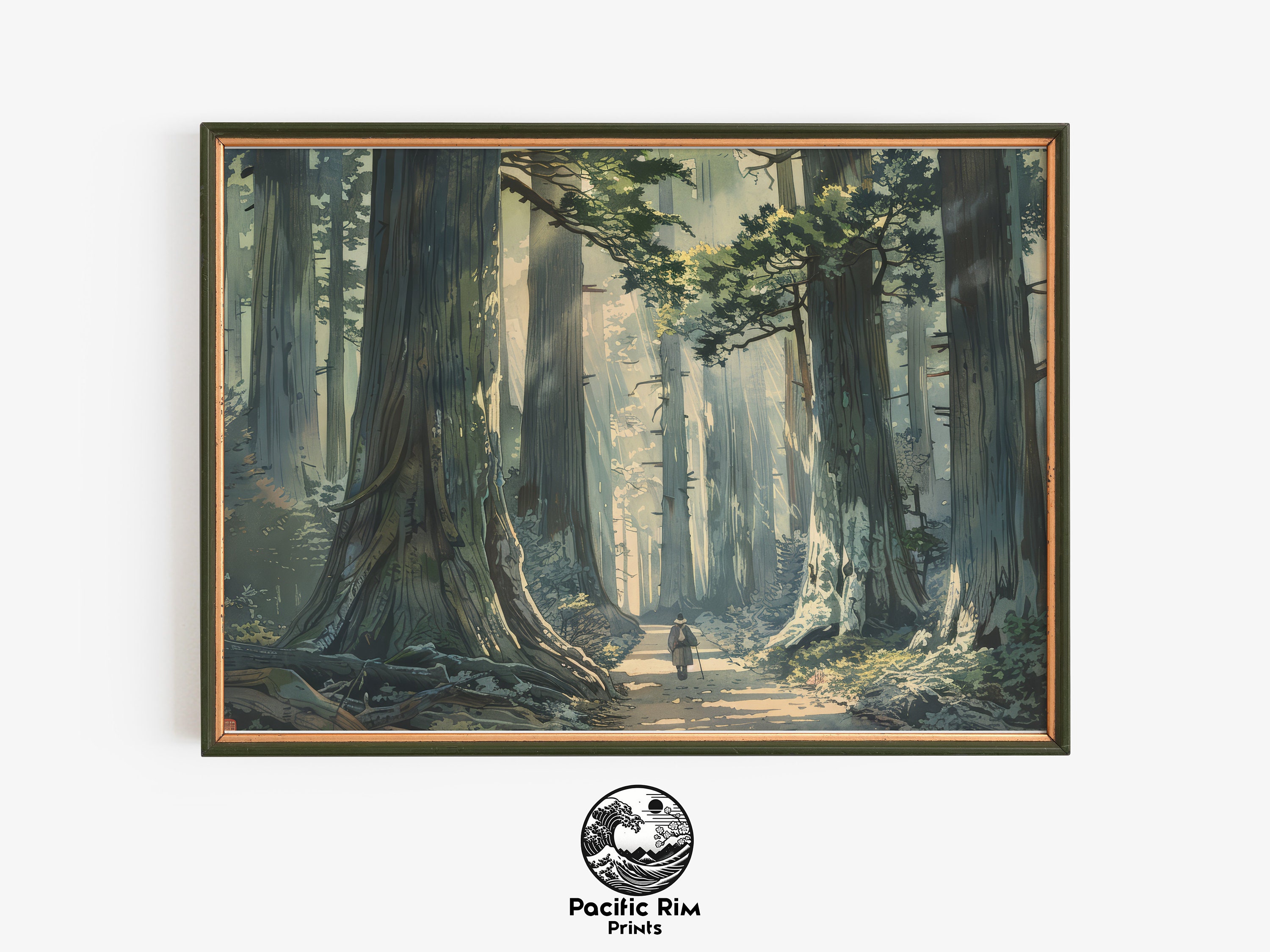Vintage Woodblock Print Forest Scene, Japanese Art, Redwood Trees ...