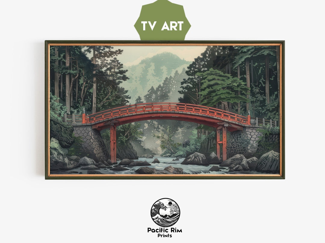 Forest Bridge Painting, Red Bridge Wall Art, Nature Landscape Decor ...