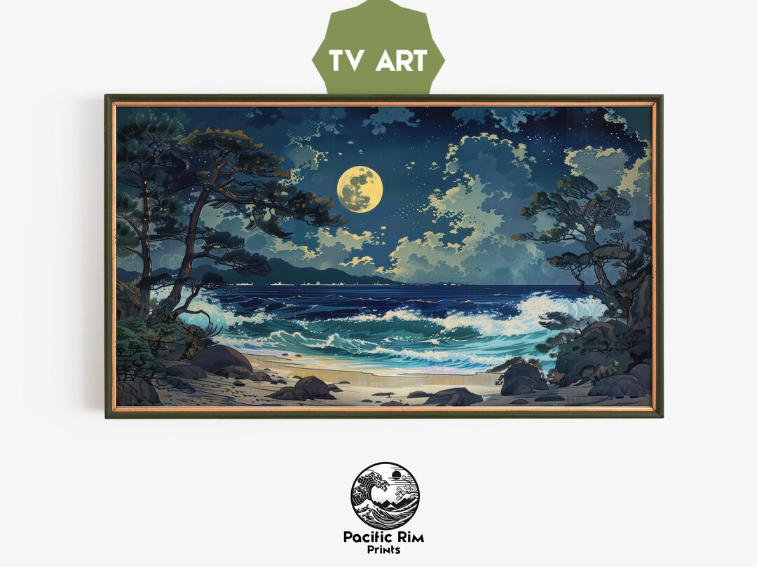 Japanese Full Moon Beach Painting, Moonlit Beach Art, Lunar Seascape ...