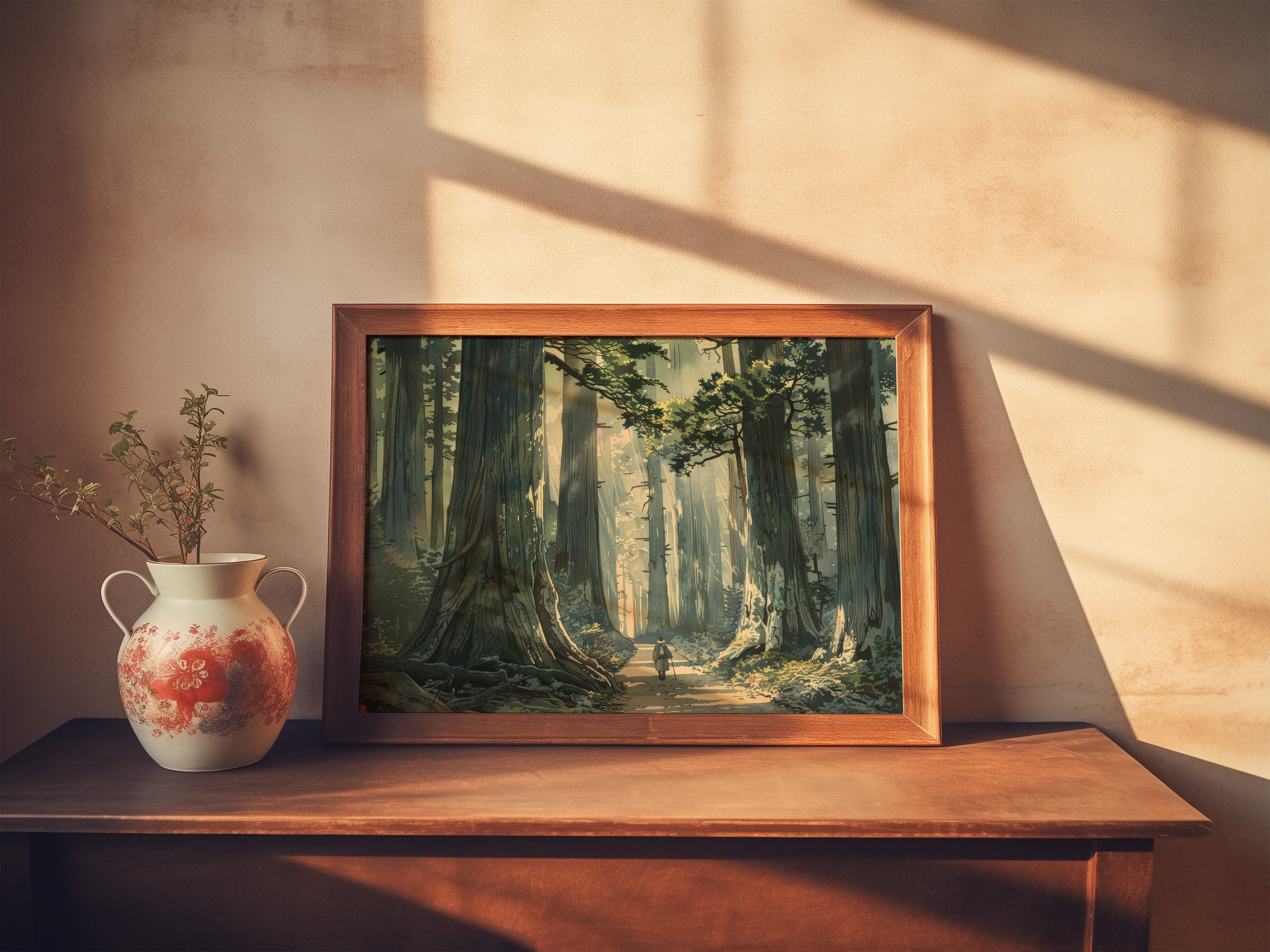 Vintage Woodblock Print Forest Scene, Japanese Art, Redwood Trees ...
