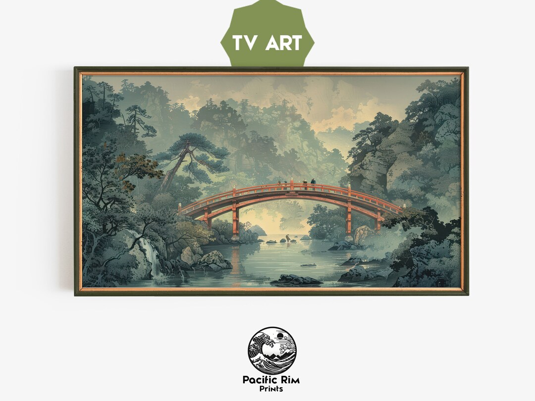 Red Bridge Painting, Forest River Wall Art, Landscape Art, Nature Scene ...