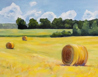 Farm Landscape Hay Bales in Field Giclee Art Print of Original Oil ...