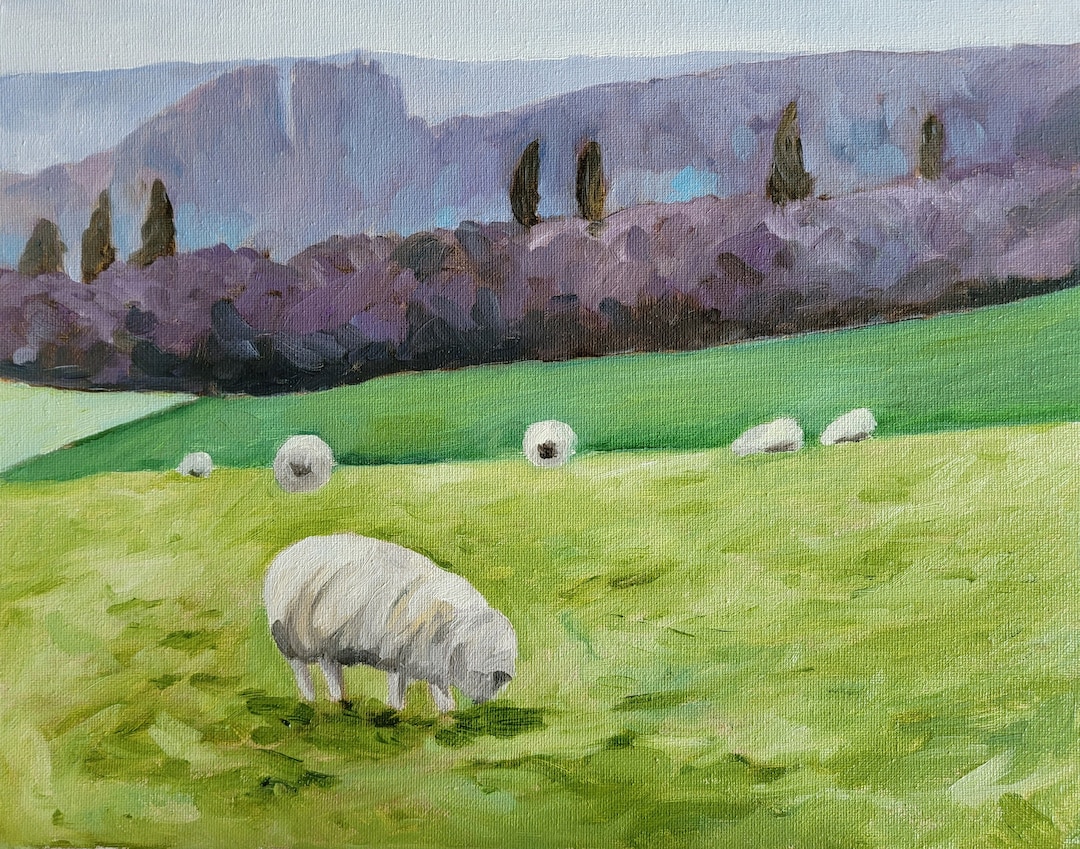 Sheep Art Print of Original Oil Painting 8.5x11 Inches Landscape ...