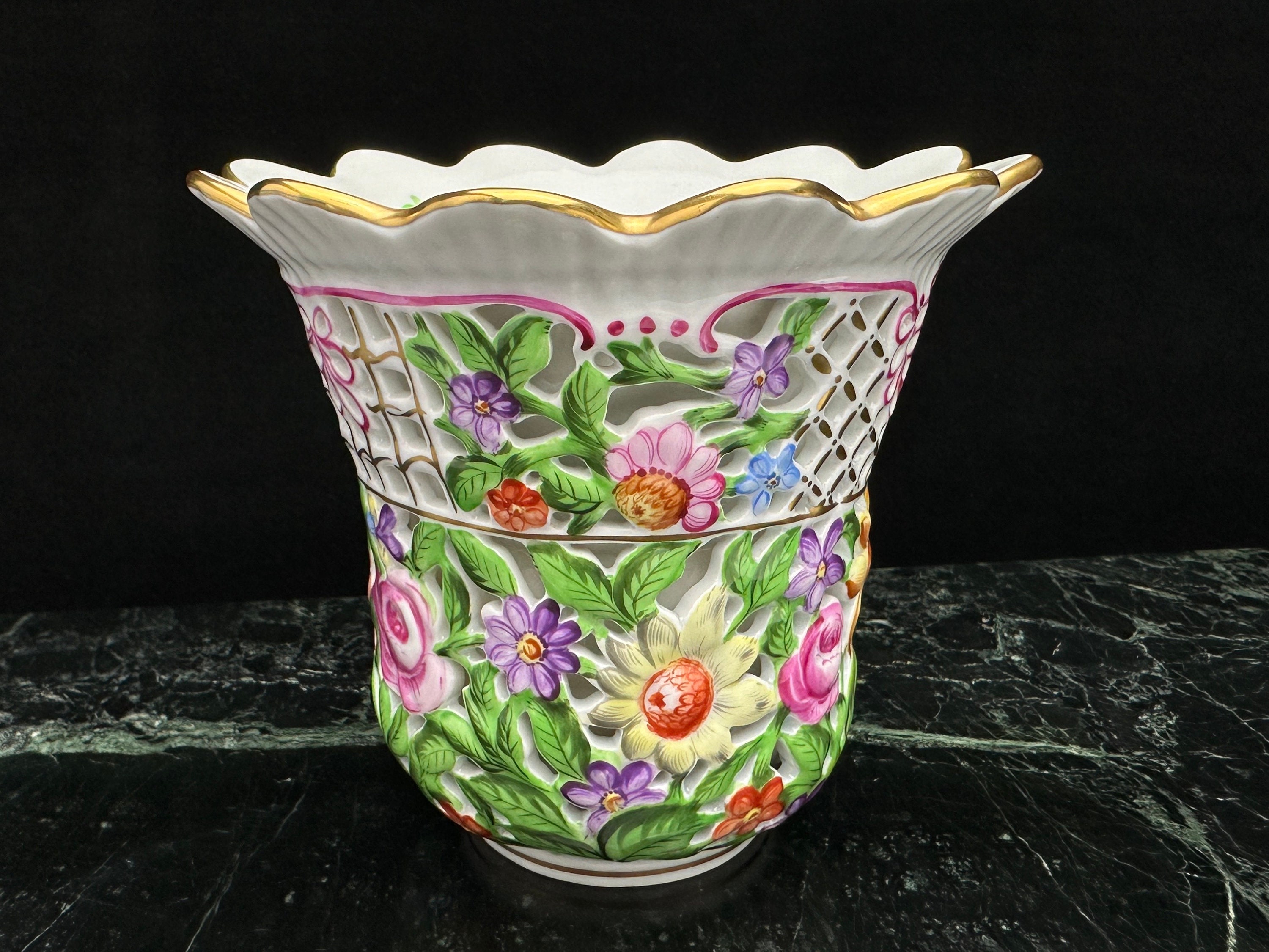 Herend Hand Painted Floral Reticulated Pierced Giftware Vase 6420 4.75 ...