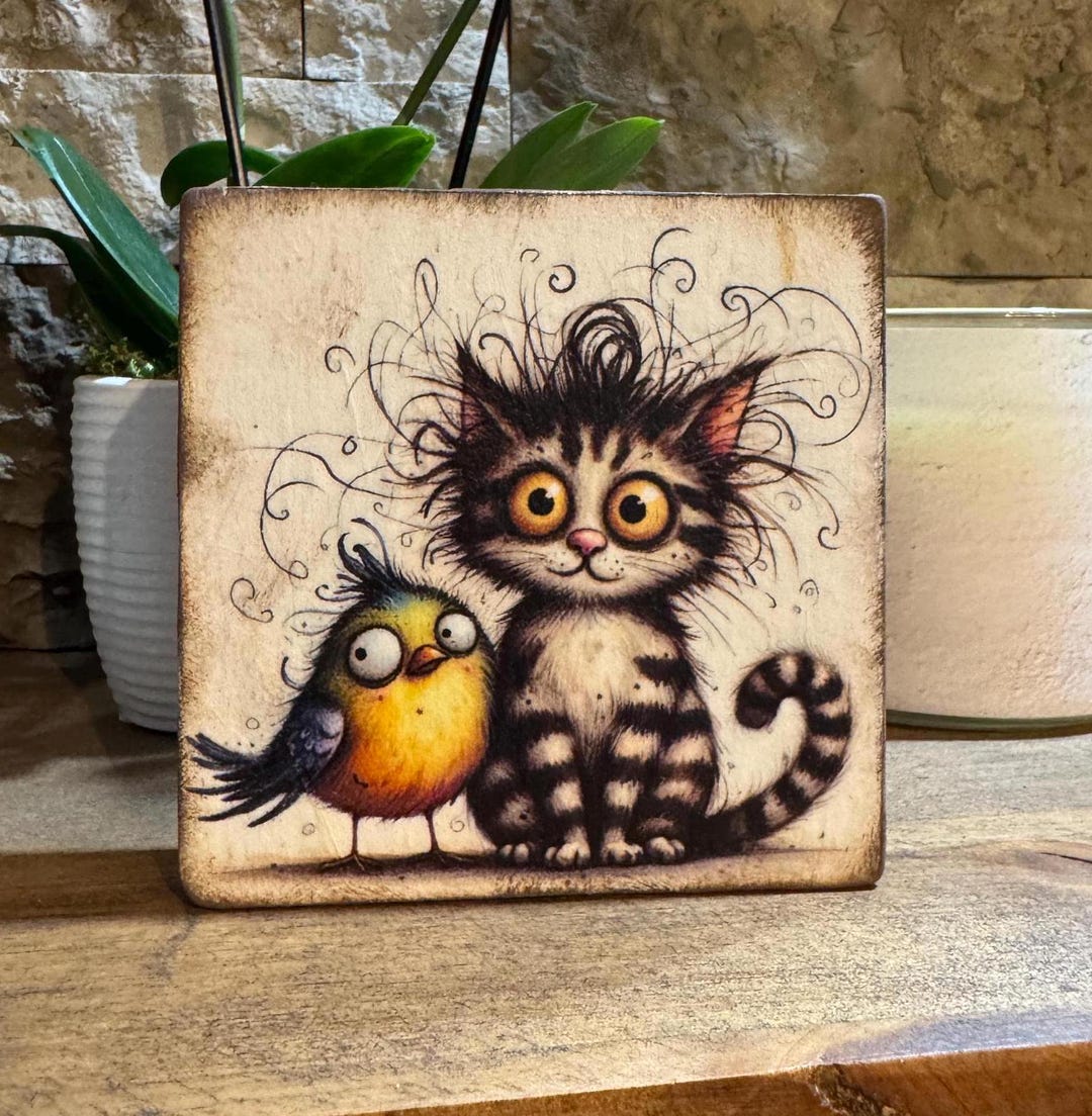 Quirky Cat Wood Block Signs, Quirky Animals Decor, Tiered Tray Decor ...