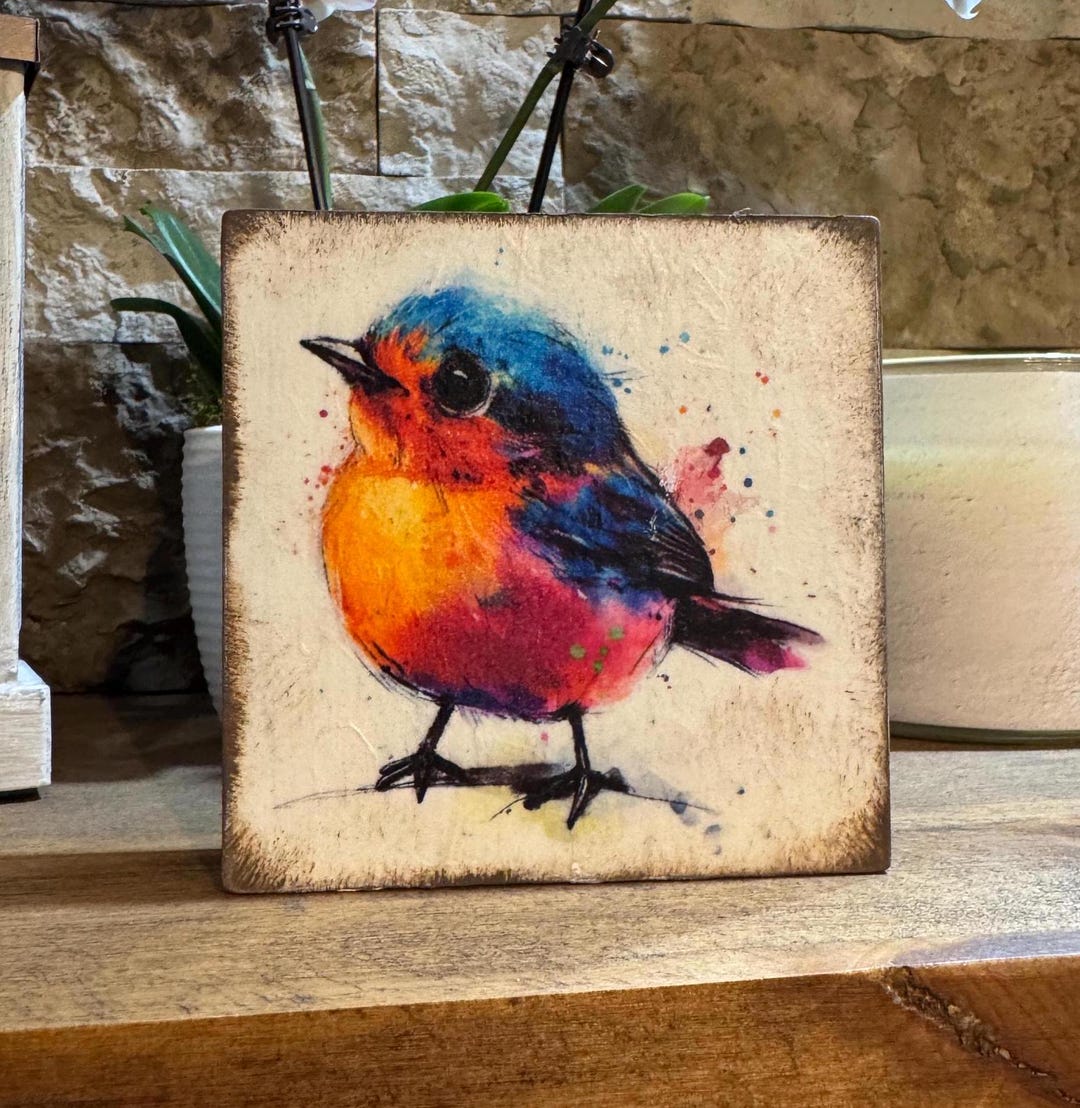 Watercolor Bird Wood Block, Tiered Tray Decor, Colorful Mini Art ...