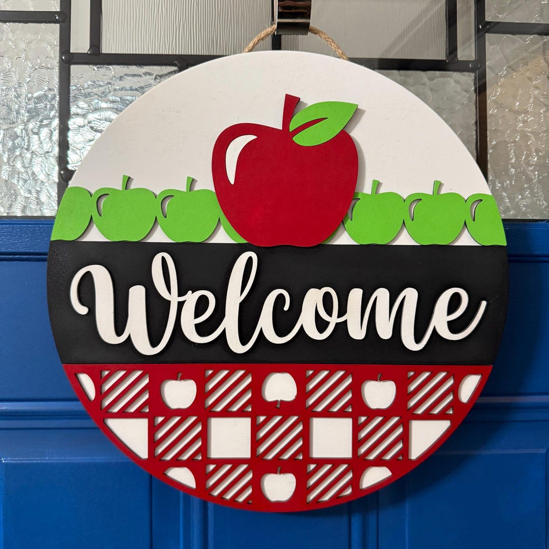 Apple Welcome Door Hanger Wooden Teacher Sign With Red and Green Apples ...
