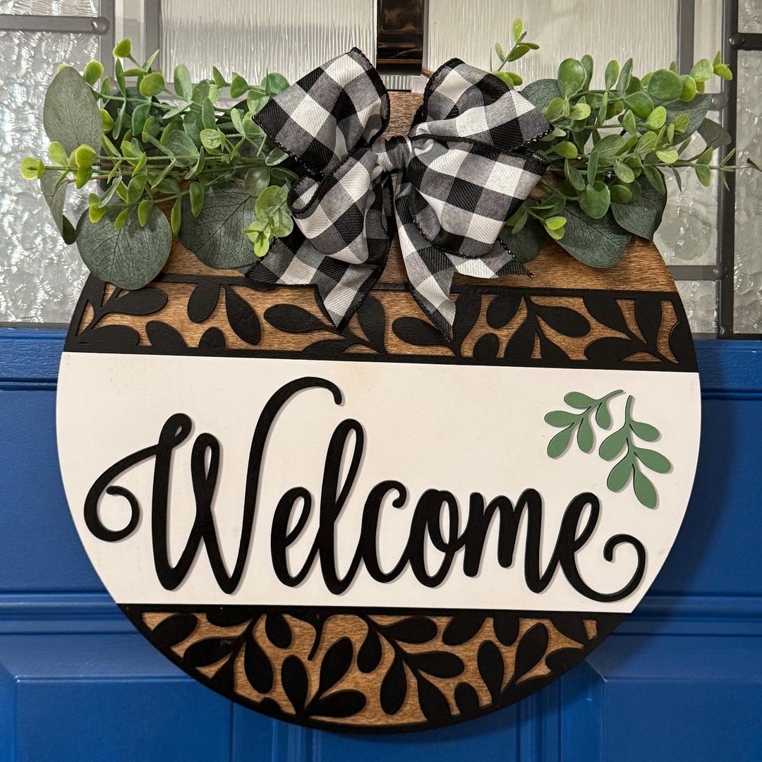 Buffalo Plaid Welcome Door Hanger – Layered Wood Sign With Greenery, 14 ...