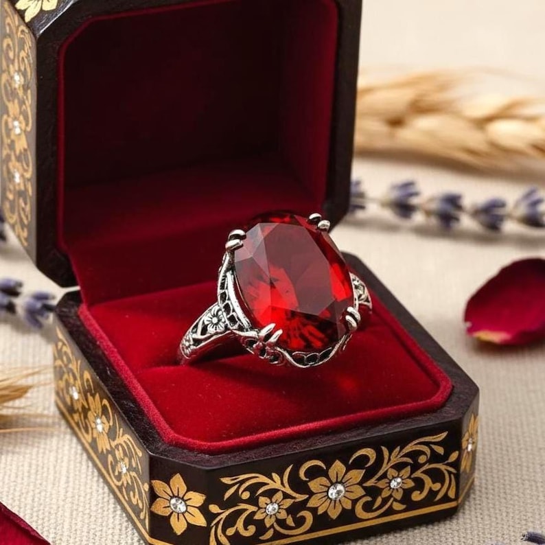 Victorian Inspired Simulated Garnet Ring 925 Sterling Silver Antique ...