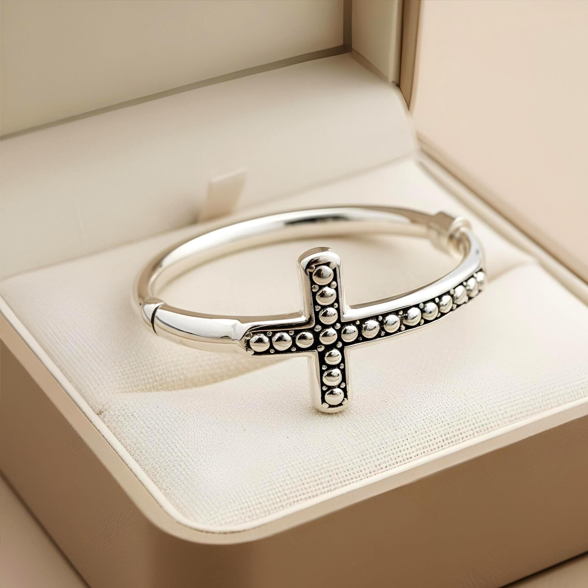 925 Sterling Silver Hollow Form Cross Bangle 6.75" Textured Cross ...
