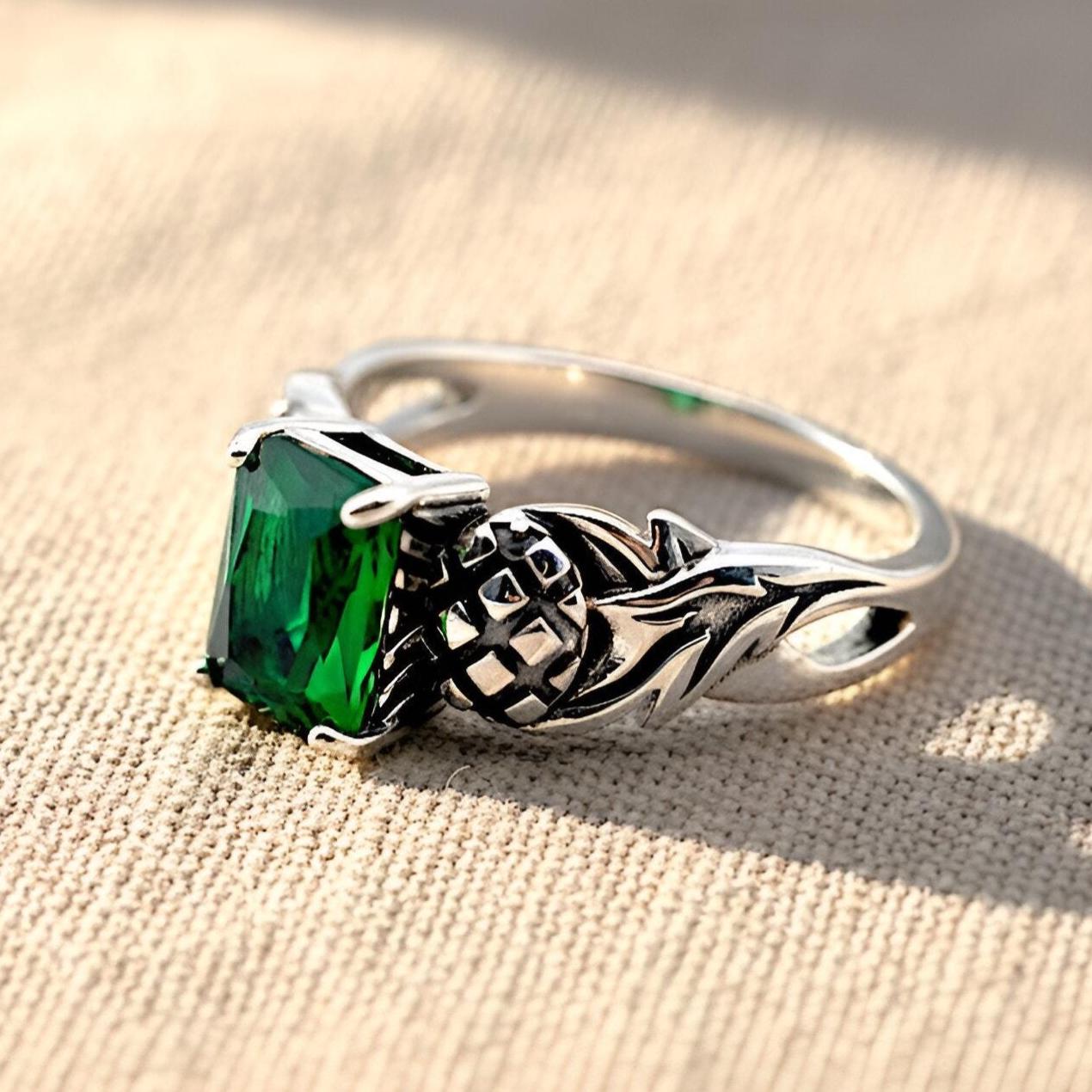 Scottish Thistle 925 Sterling Silver Ring Simulated Emerald Celtic ...