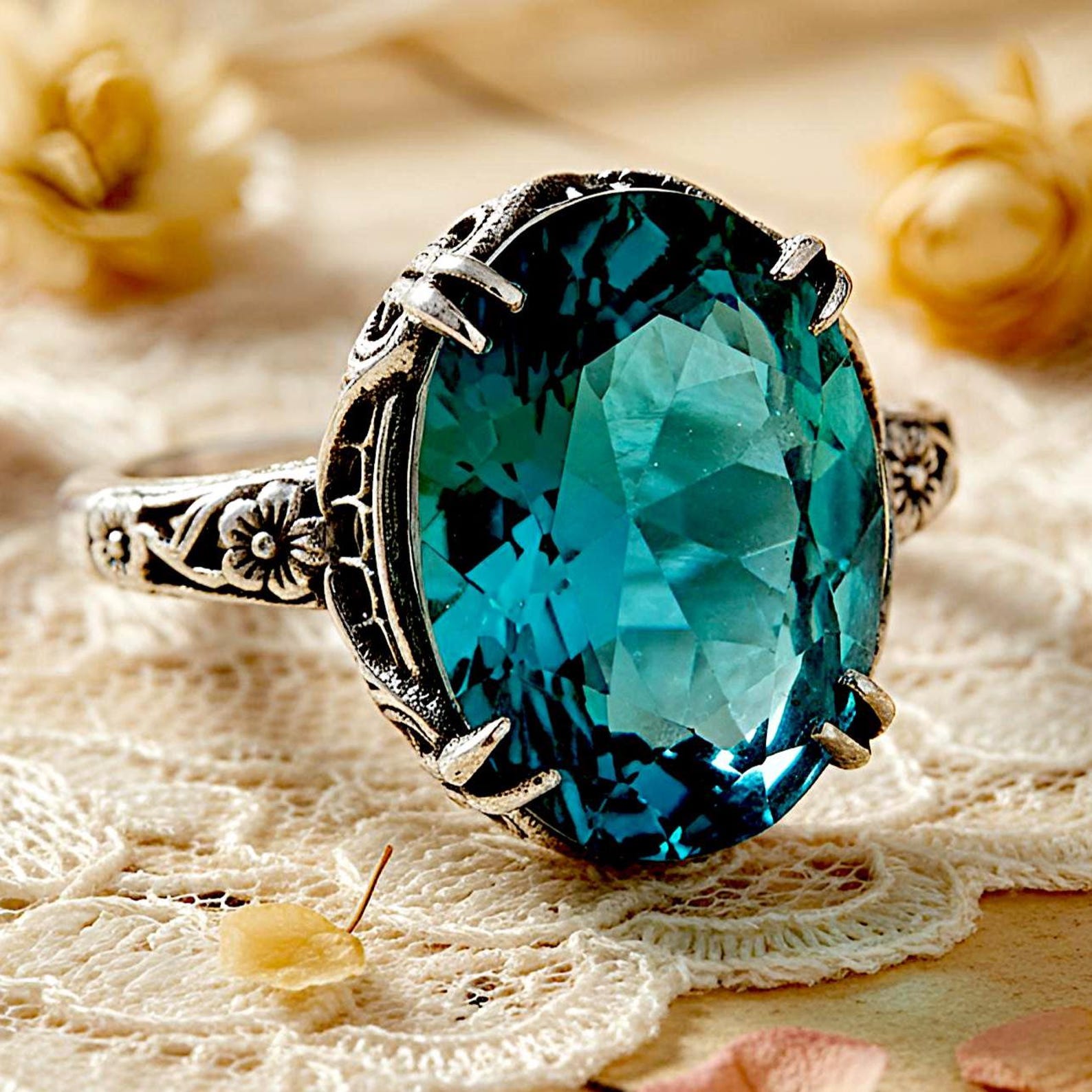 Art Nouveau Inspired Simulated London Blue Topaz Filigree Ring 925 ...