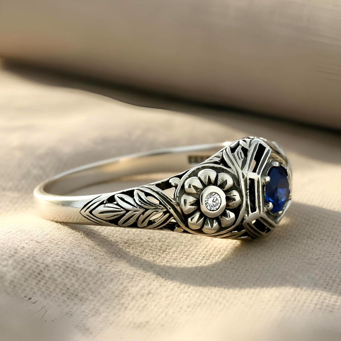Art Nouveau Inspired Natural Sapphire 925 Sterling Silver Filigree Ring ...