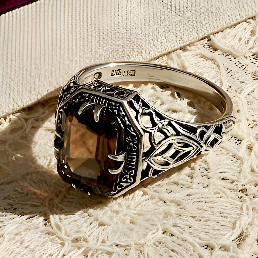 Art Deco Inspired Natural Smoky Quartz Ring, Antique Style 925 Sterling ...