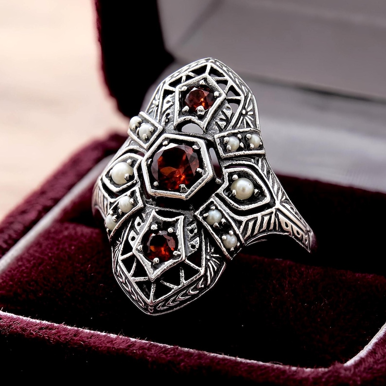Natural Garnet and Pearl Ring Art Nouveau Inspired 925 Sterling Silver ...
