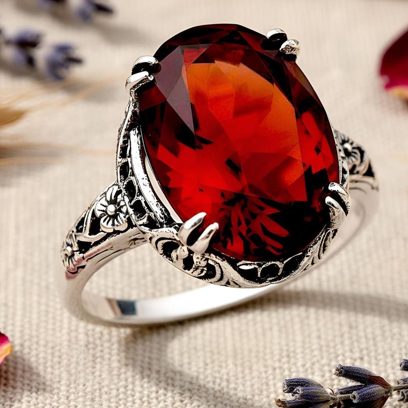 Victorian Inspired Simulated Garnet Ring 925 Sterling Silver Antique ...