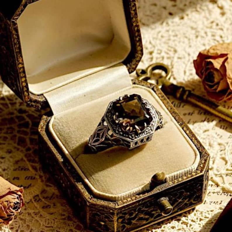 Art Deco Inspired Natural Smoky Quartz Ring, Antique Style 925 Sterling ...