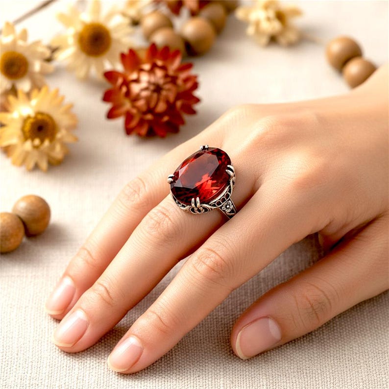 Victorian Inspired Simulated Garnet Ring 925 Sterling Silver Antique ...
