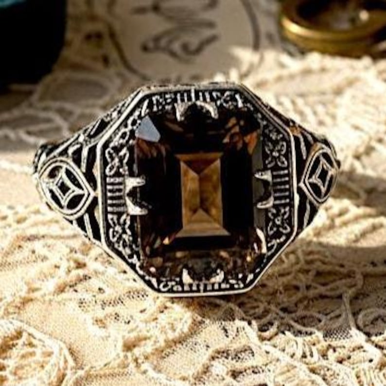 Art Deco Inspired Natural Smoky Quartz Ring, Antique Style 925 Sterling ...